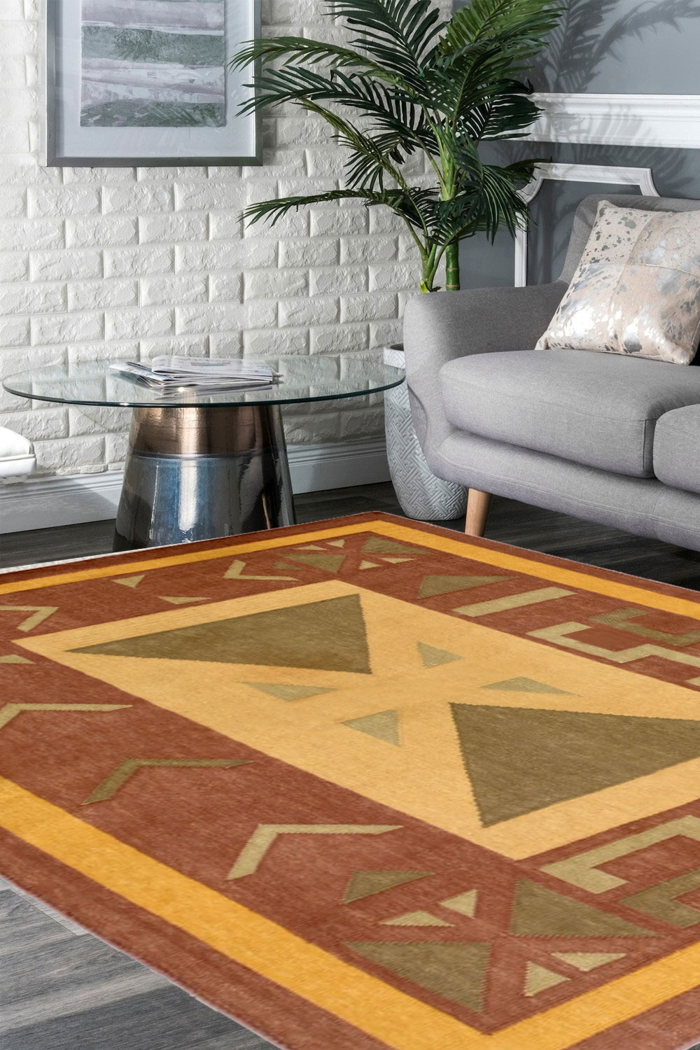 2'.6 x 3'.10 Double Triangle Dhurrie Rug | Stone Washed cotton Durry